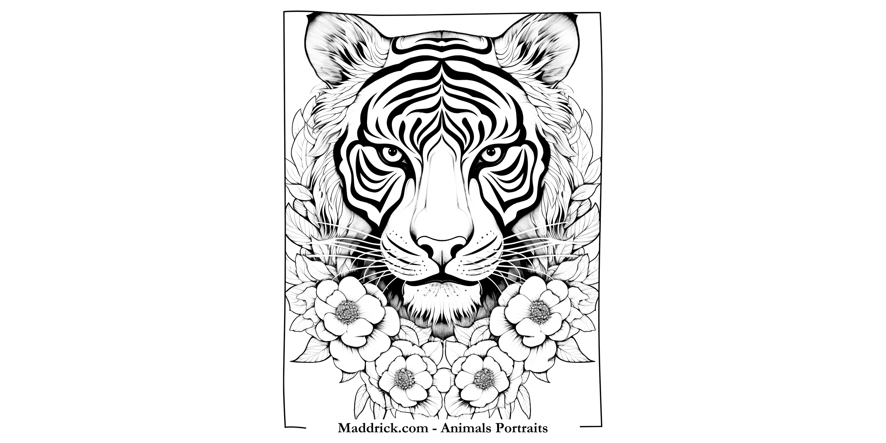 Animal Portraits coloring book page - Tiger and flowers – Maddrick